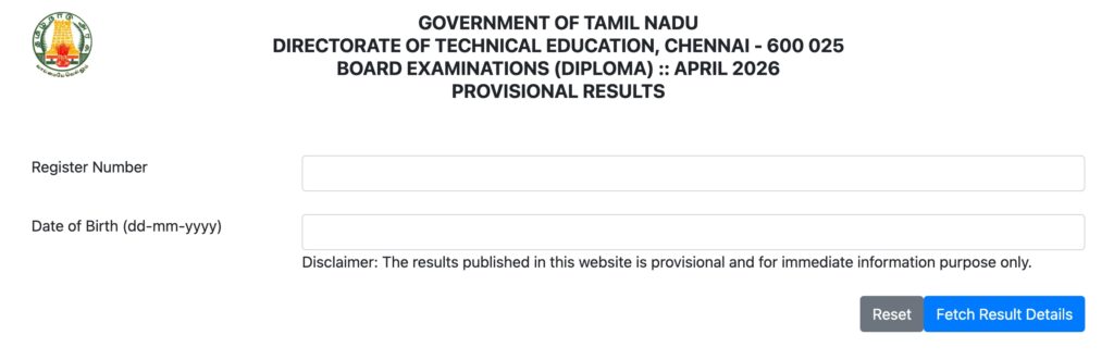 TNDTE Diploma Results 2026 (April) declared @ https://dte.tn.gov.in